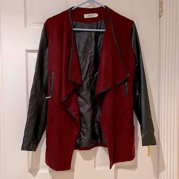 Jackets & Coats | Vintage Red Knit Jacket With Faux Leather Sleeves ...